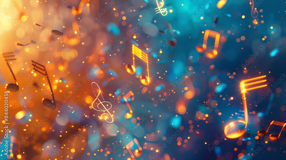 3D rendering glowing musical notes and treble clef on blurred sparkling ...