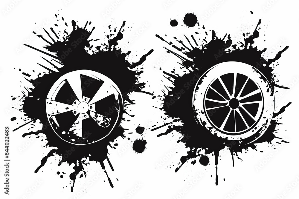 Car wheels icon, tire silhouettes, graffiti spray rim symbol, auto ...