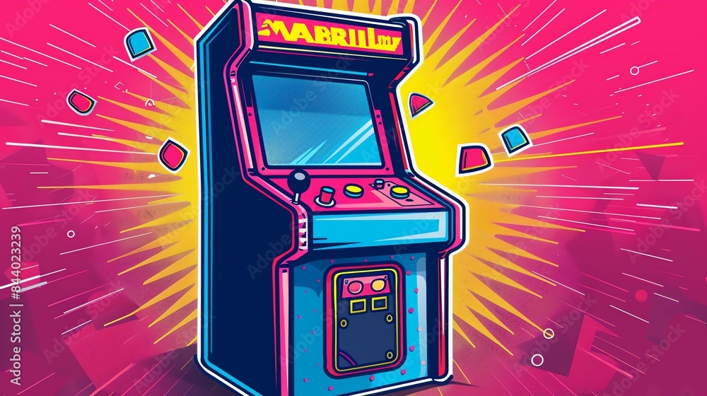 A retro arcade game machine from the 1980s, with a bright pink and blue ...