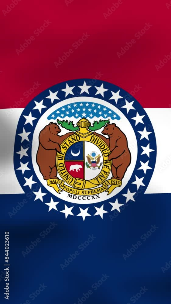 Vertical, portrait, waving national flag of Missouri. Smooth animation ...