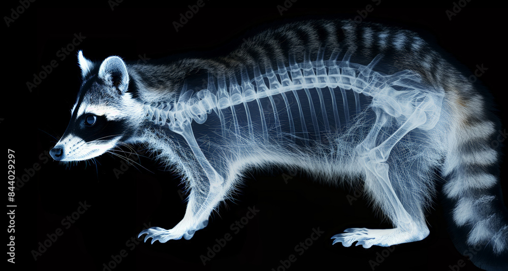 In a dark setting, the skeletal structure of a raccoon is prominently ...
