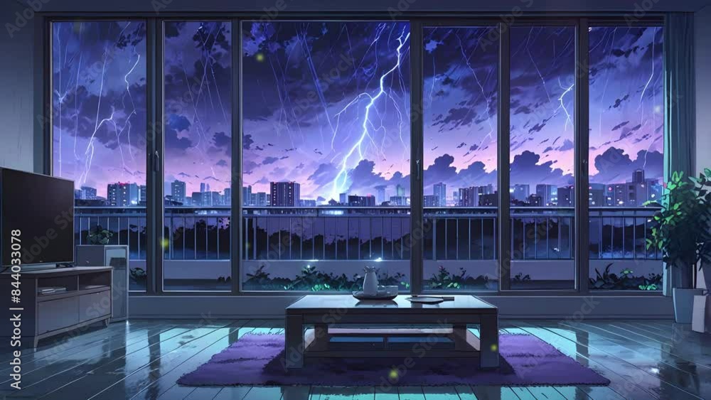 Cozy lo-fi living room Japanese town Sky view. stream starting soon ...