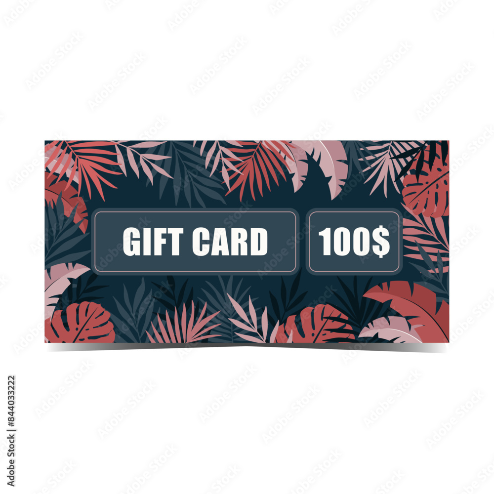 Gift card with tropical leaves and flowers on beige background. Gift ...