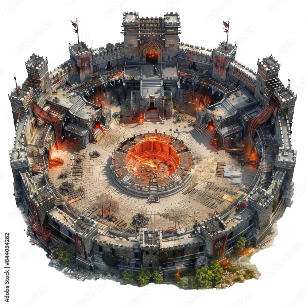 Digital artwork of a circular sci fi arena with a central fire pit and ...