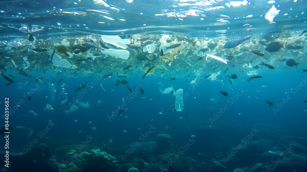 microplastics in the ocean. plastic pollution harming health. Stock ...