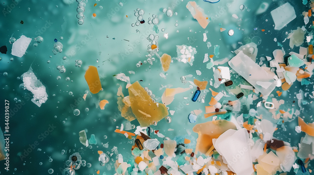 microplastics in the ocean. plastic pollution harming health. Stock ...