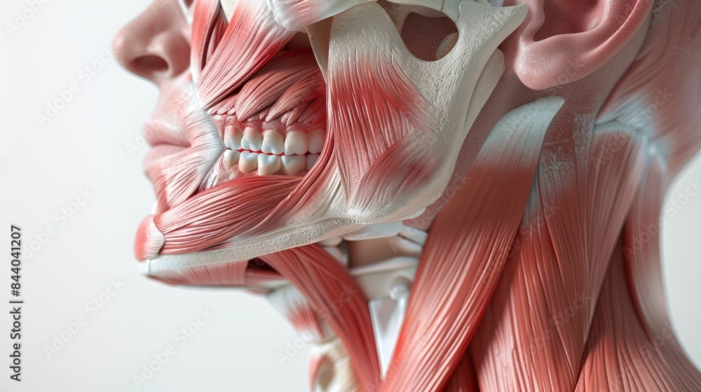 Close-up depicting a clenched jaw and tightened neck muscles ...