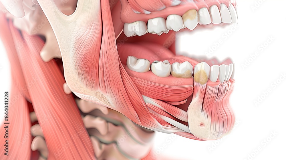 Close-up depicting a clenched jaw and tightened neck muscles ...