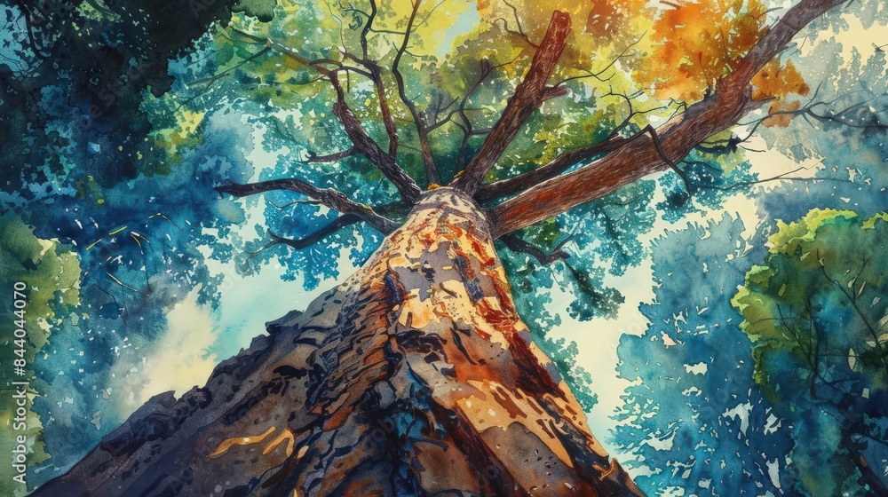 Produce a visually striking worms eye view of a majestic towering ...