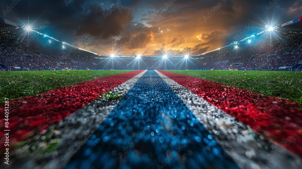 Ground-level perspective of a sports track under bright stadium lights ...