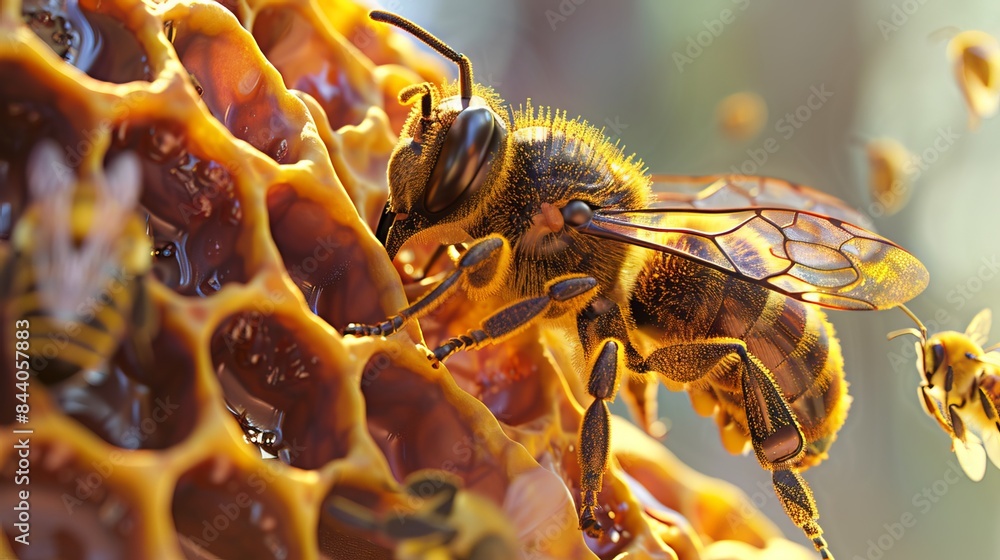 Image of a marked queen bee perched on a honey-colored honeycomb, with ...