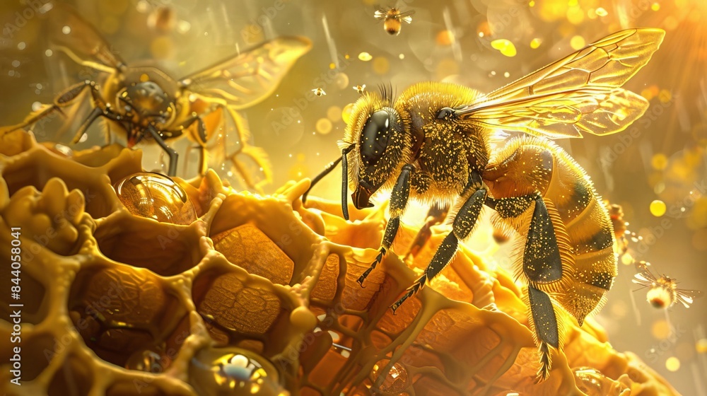 Image of a marked queen bee perched on a honey-colored honeycomb, with ...