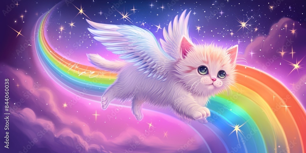 A cute kitten with angel wings runs along the rainbow. The concept of ...