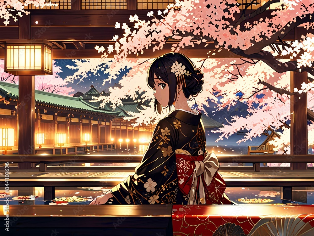 Anime girl wearing traditional clothing, with a beautiful flower in her ...