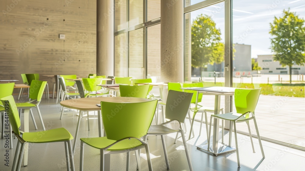 Foto de Bright sunlit modern cafeteria with green chairs and round ...