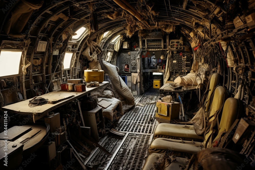 Exploring the abandoned interior of a vintage military aircraft filled ...