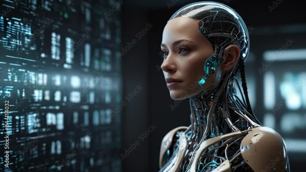 Cyber person in a network, humanoid robot woman controlling network ...