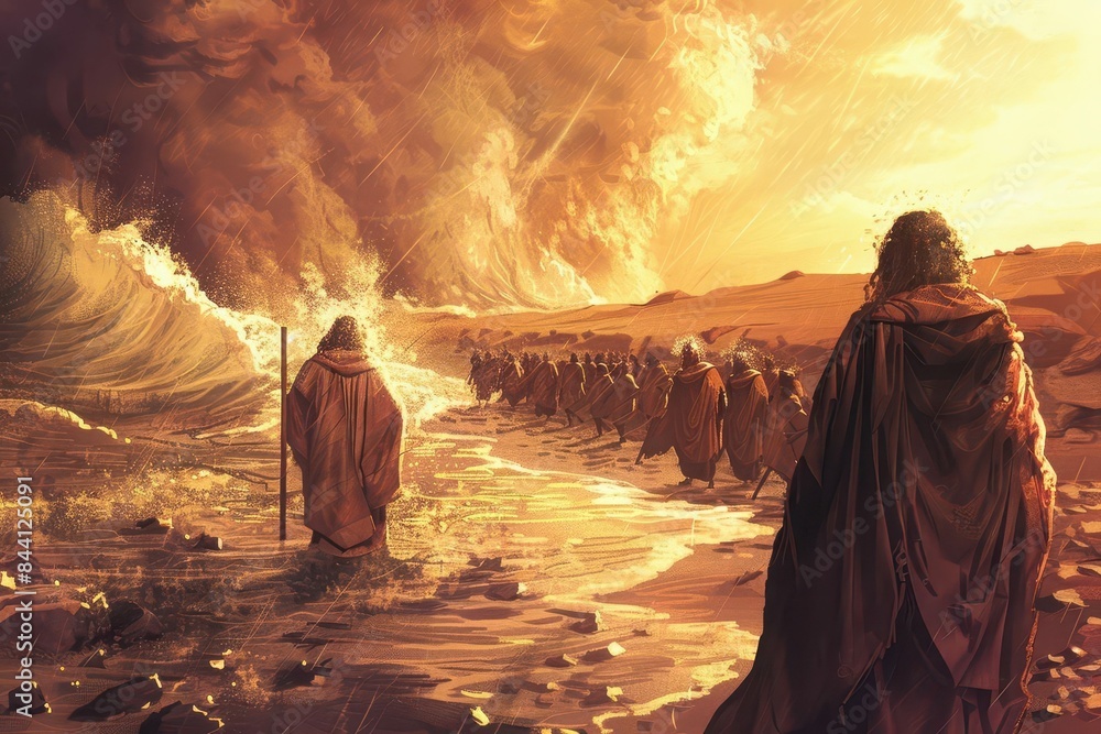 biblical scene of moses parting the red sea israelites crossing on dry ...