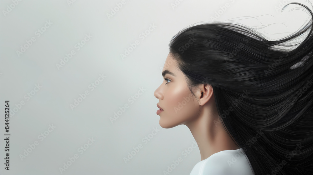 Side Profile of Woman with Thick, Flowing Dark Hair, Positioned on ...