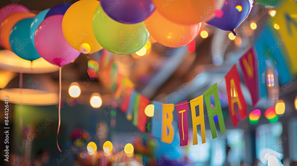 Colorful birthday banner with name hanging in park, surrounded by trees ...