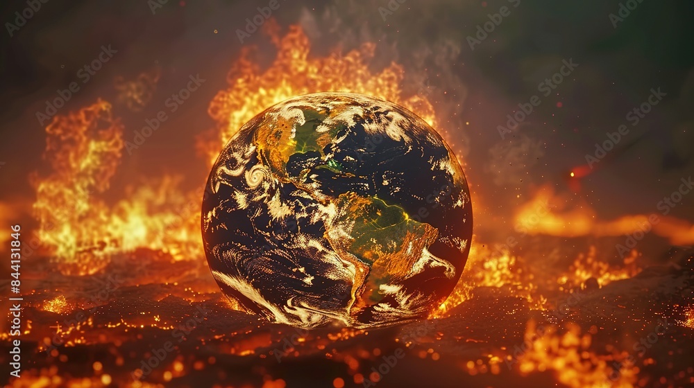 Earth globe engulfed in flames, America consumed by fire. Conceptual ...