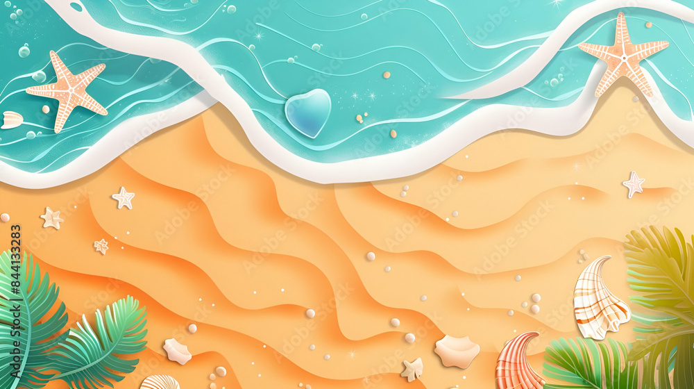 Cartoon beach with waves, sand, palm trees, and starfish Stock ...