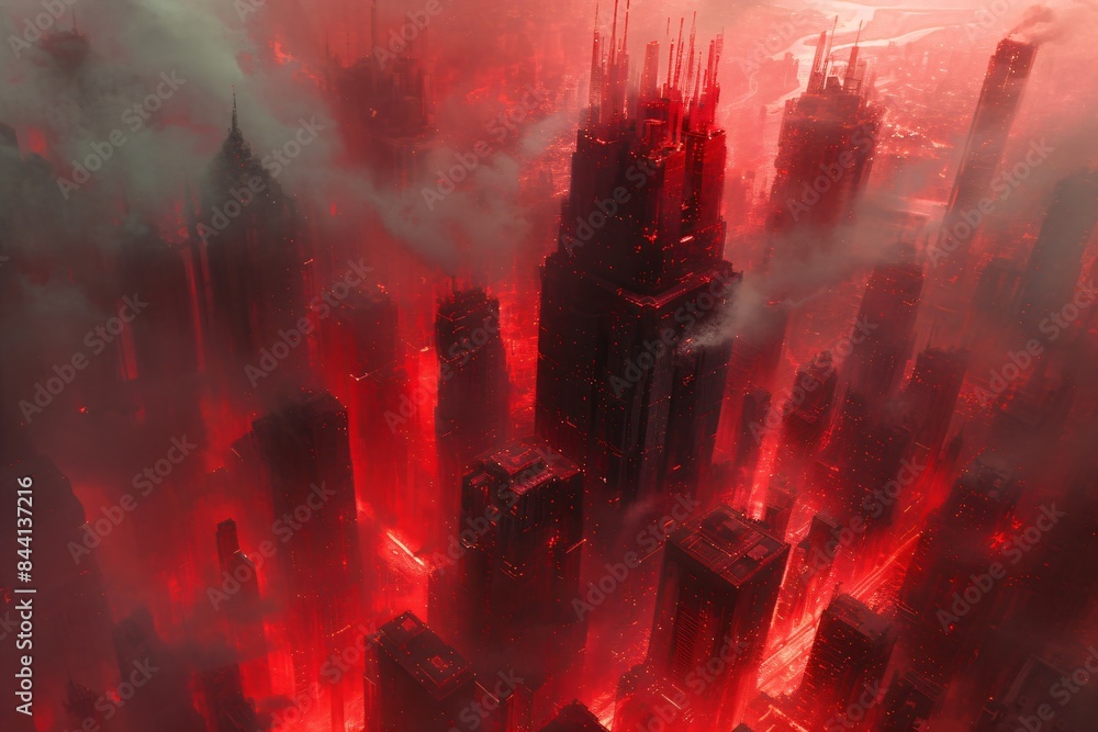 Futuristic post apocalyptic urban city ruins under red sky. Destroyed ...