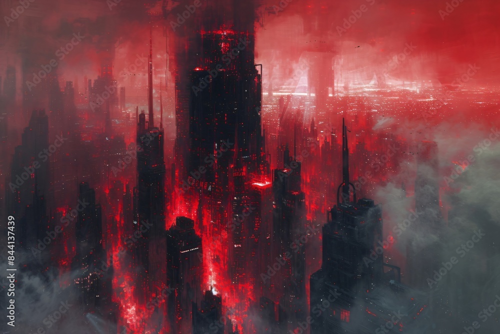Futuristic post apocalyptic urban city ruins under red sky. Destroyed ...