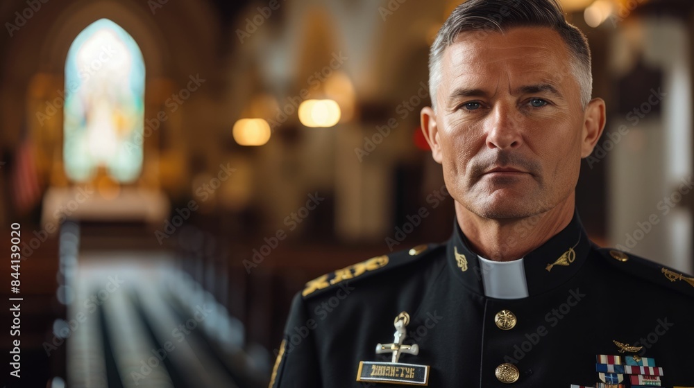 The picture of the military officer standing inside the church and ...