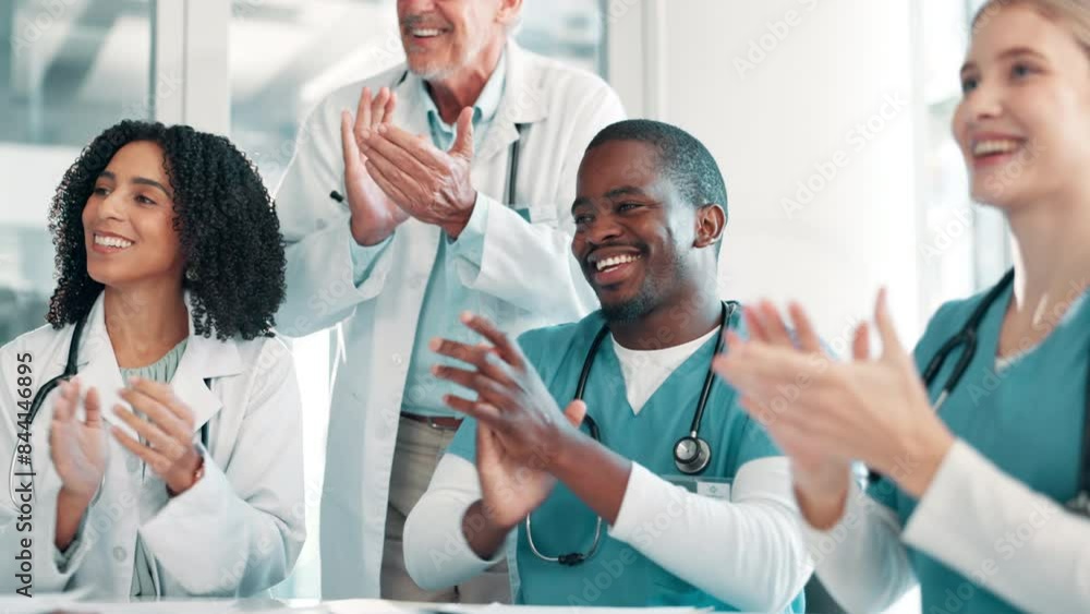 Applause, teamwork and doctors in hospital to celebrate success, collaboration and winning ...