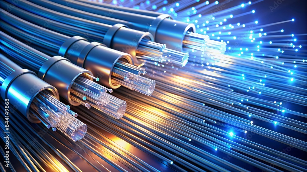 A futuristic, high-tech illustration of glowing fiber optic cables and ...