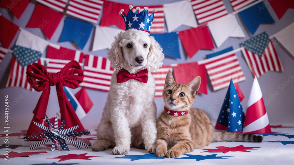 Dog and Cat in Harmony with the Spirit of US Independence Day. Concept ...
