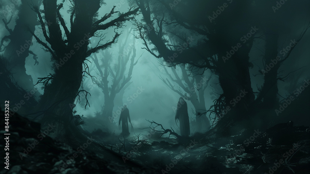 A dark, ominous forest with twisted trees and dense fog. Shadows of ...