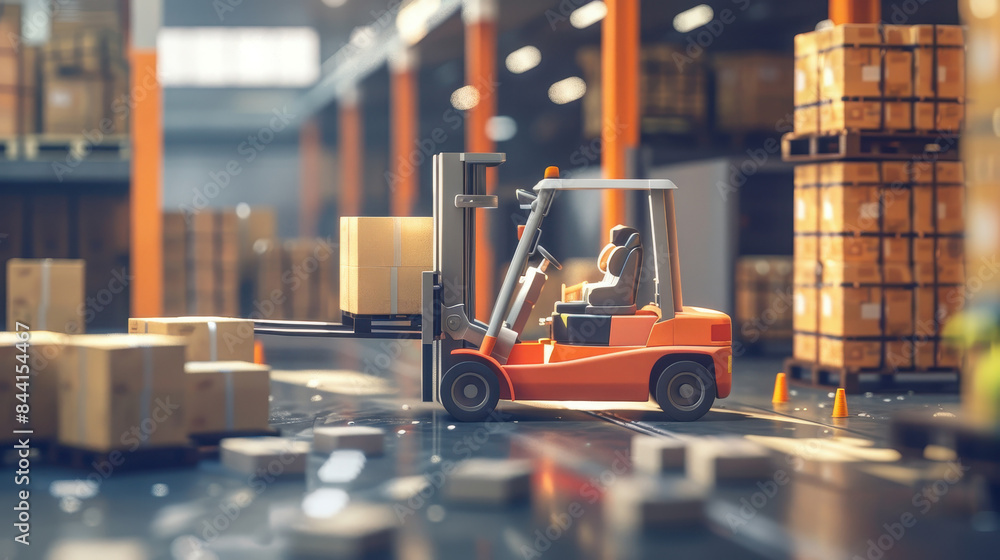 Forklift operating in a spacious warehouse, moving stacks of cardboard ...