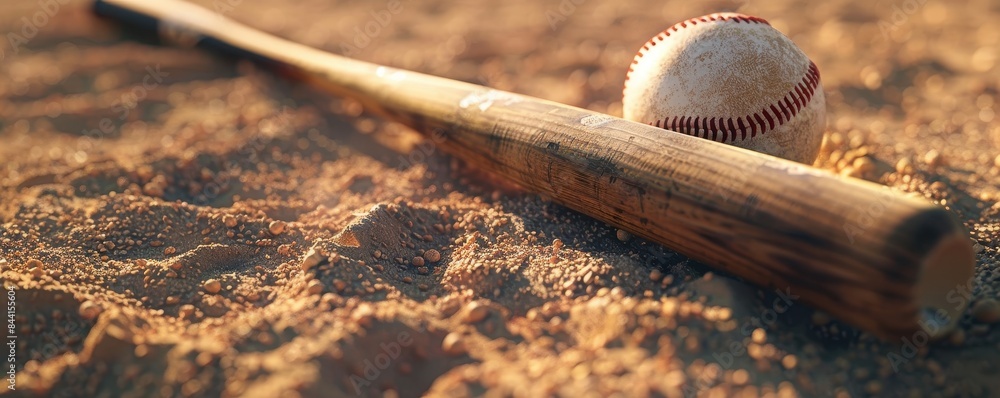 Wooden baseball bat and ball on sandy dirt field captured in warm ...