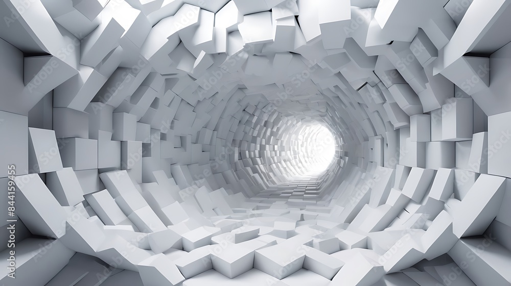 Abstract white geometric tunnel with twisting cubes and inverse patterns, creating a complex ...