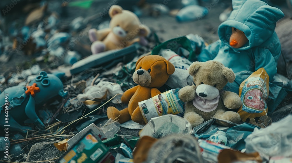 Children's toys among the garbage: Photo of children's toys lying among ...