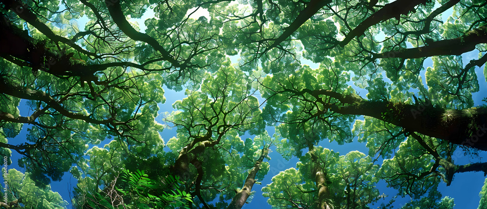 Ground-level perspective of a forest with trees showing crown shyness ...