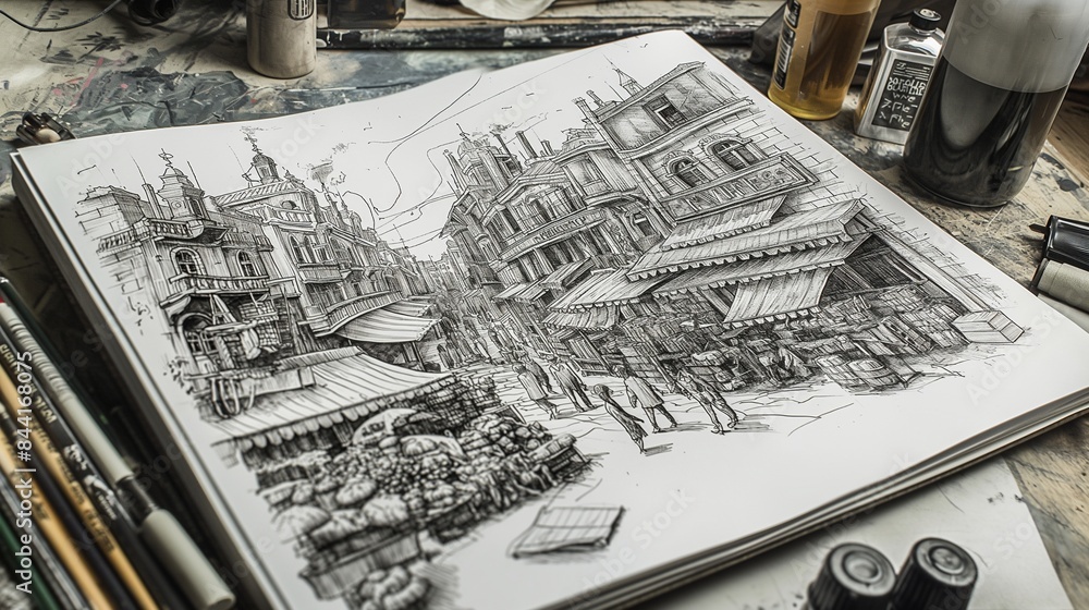 A realistic pen and ink drawing of a bustling market street, with ...