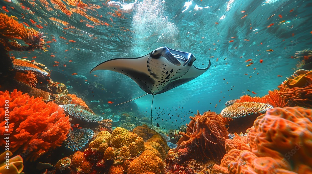 An ethereal underwater scene with a coral reef and a manta ray gliding ...
