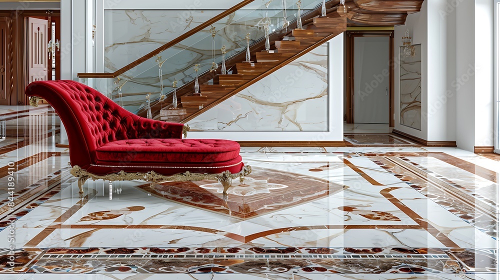 Luxurious living room with a ruby red chaise lounge, a marble floor ...