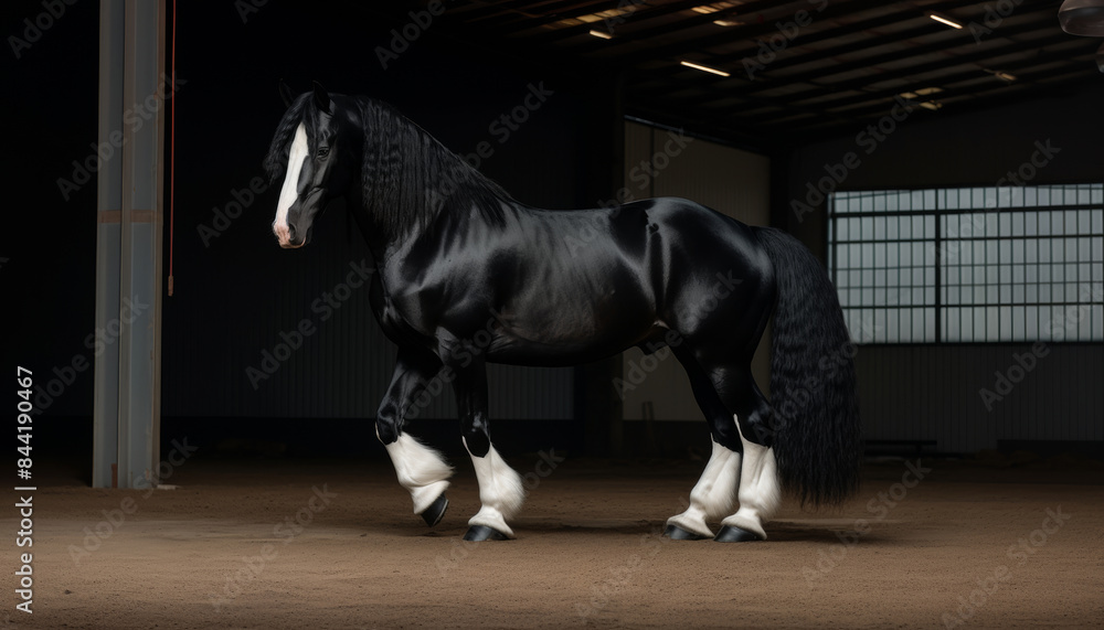 Side view english stallion male shire horse with shiny black and white ...