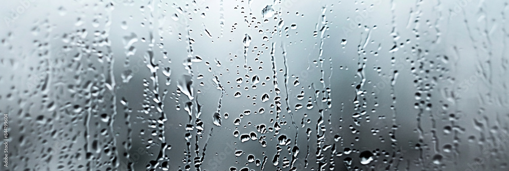 Close up for misted glass with droplets of water draining down ...