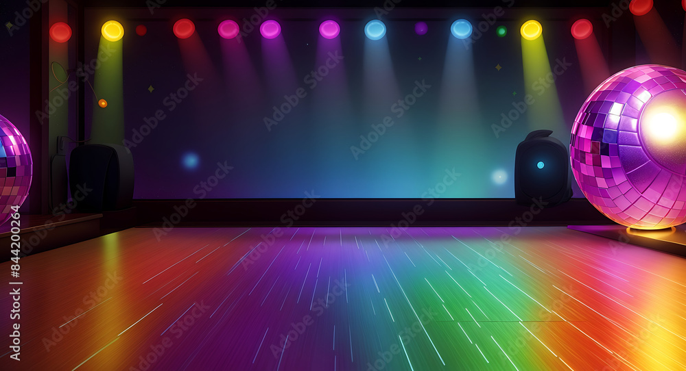 A disco ball with colorful lights and reflection in the dance floor ...