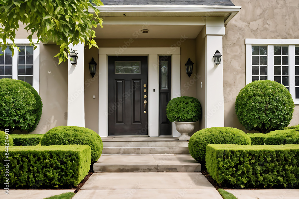 A concrete walkway bordered with hedged shrubs leads to the front door ...