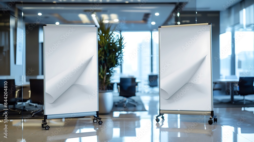 Multinational company HQ twin ultra-wide blank roll-up banners. Stock ...