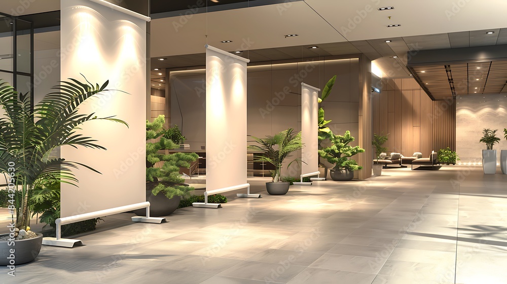 Architectural firm lobby with wide and short blank roll-up standee ...