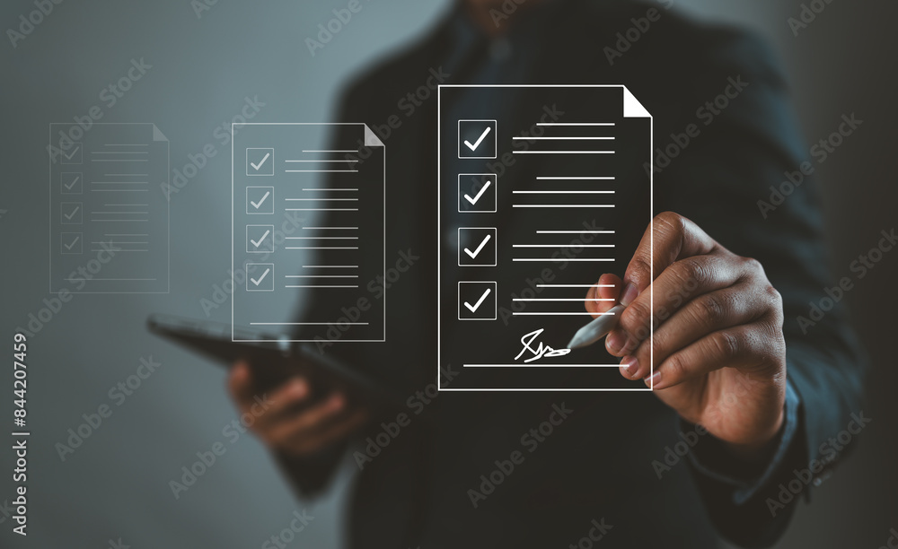 businessman signs form agreement online technology. concept of document ...