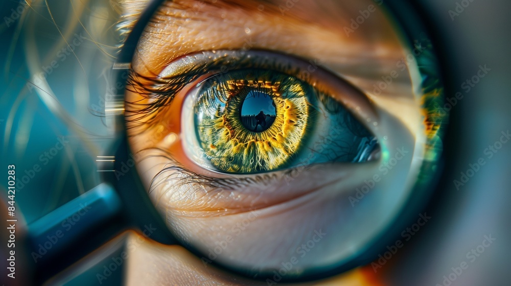 A child's eye looking through a magnifying glass, discovering the world ...