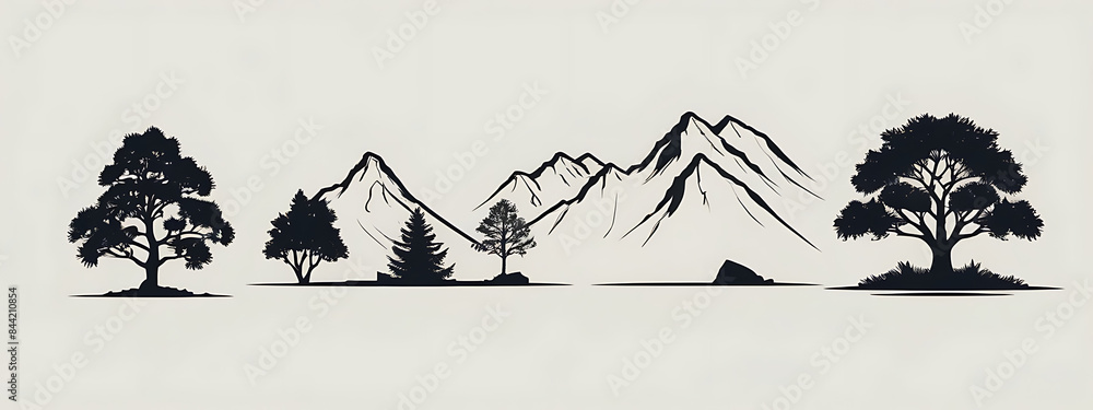 Minimalistic 2d Plain Mountain and tree graphics for a logo or a t ...